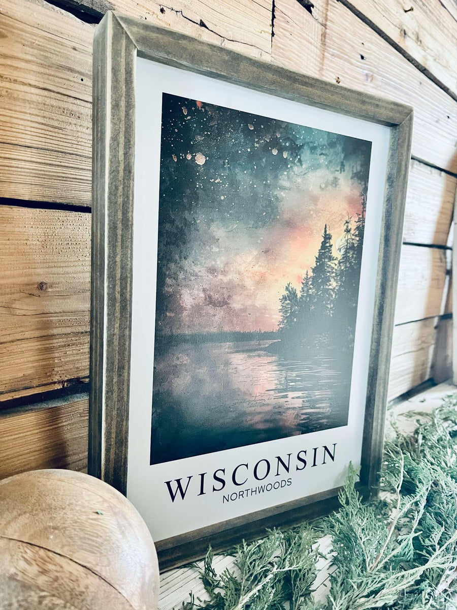 Wisconsin Northwoods Wall Art - Framed Night Sky Print with Lake & Tre ...