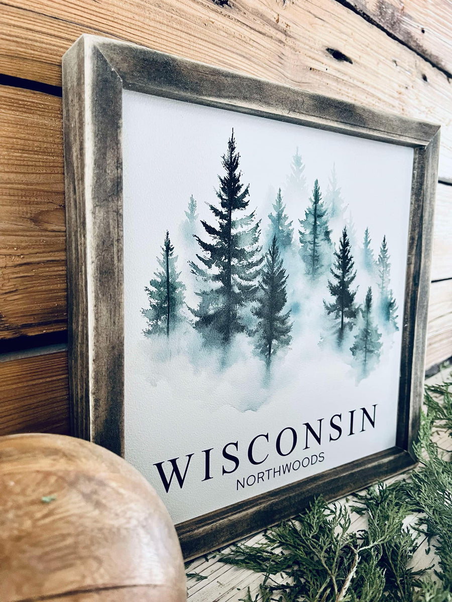 Northwoods Pine Trees Watercolor Sign – Rustic Wood Framed Wall Art ...