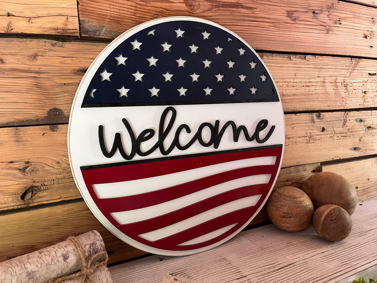 America Welcome Round Sign | Patriotic Decor | Round Door Hanger Sign ...